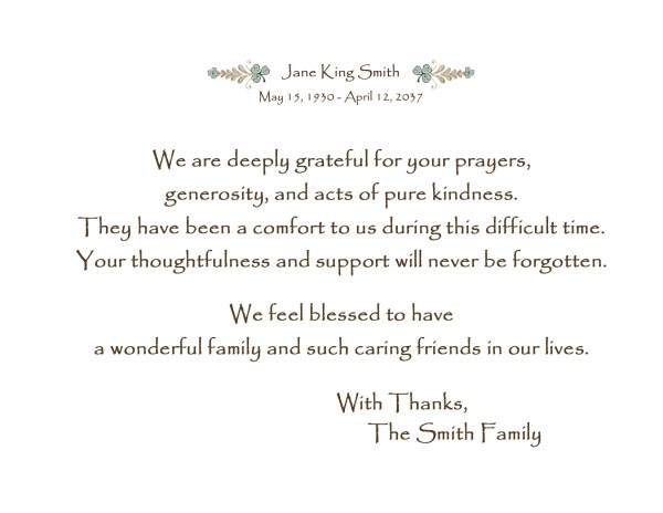 Funeral Thank you Message Examples inside card- Mass Booklets
