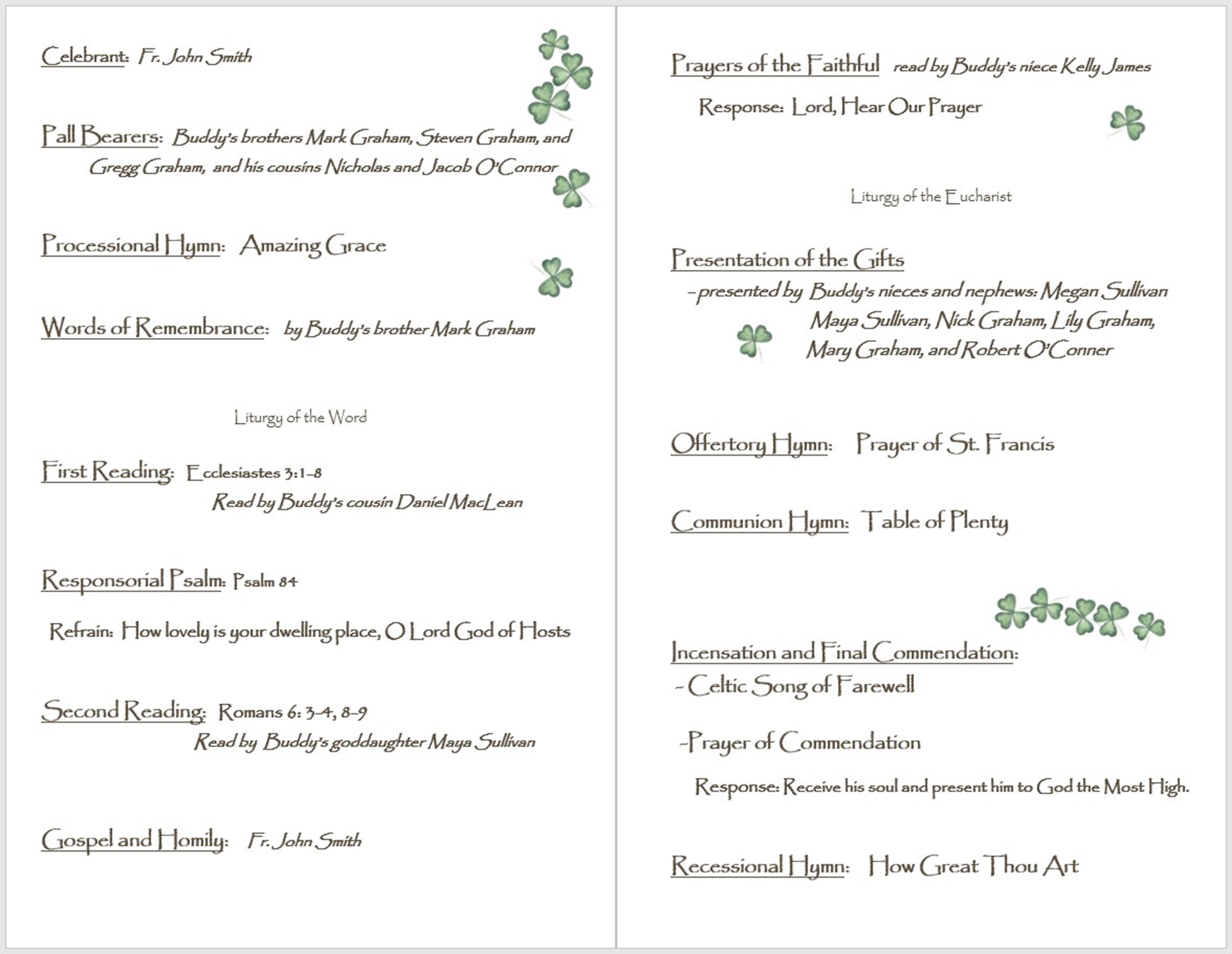 Bright Shamrocks Funeral Mass Programs - Personalized Mass Booklets