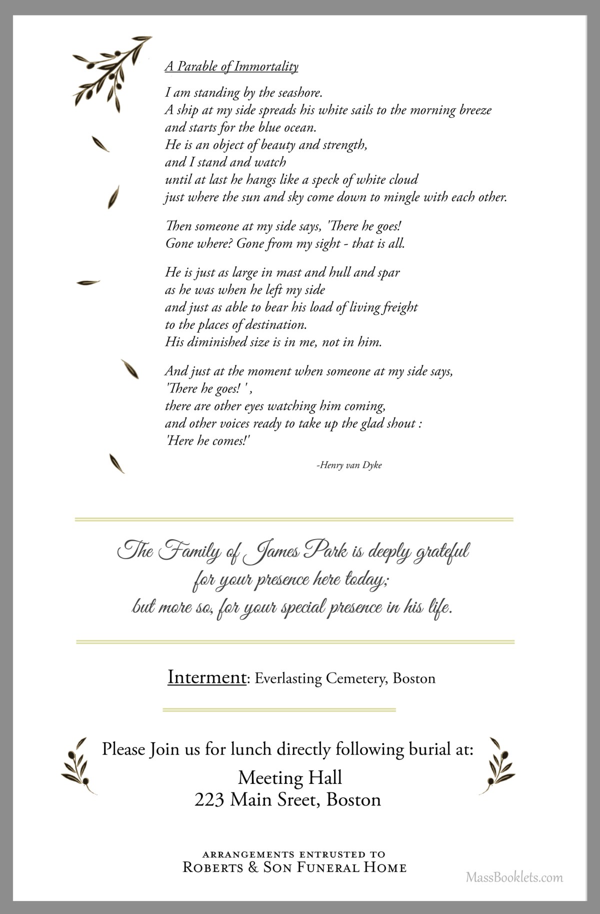 Olive Branches Black Memorial Pamphlet - Personalized Mass Booklets