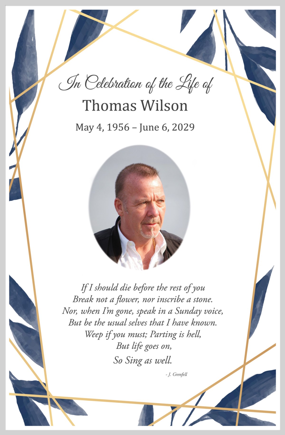 Blue and Gold Leaves Funeral Mass PROGRAMS - Personalized Mass Booklets