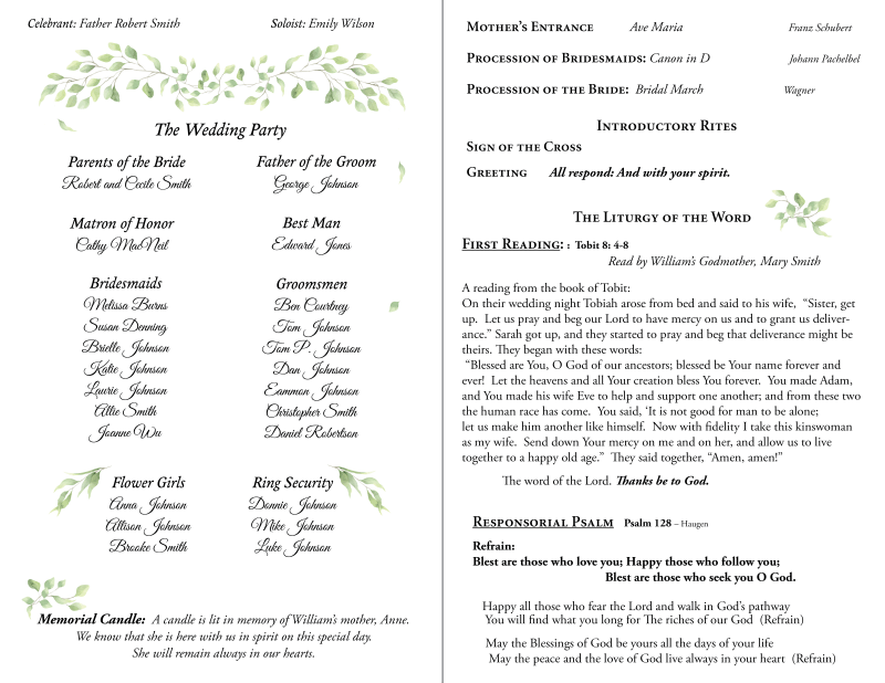 Soft Leaves Custom Wedding Mass Booklets- Mass Booklets