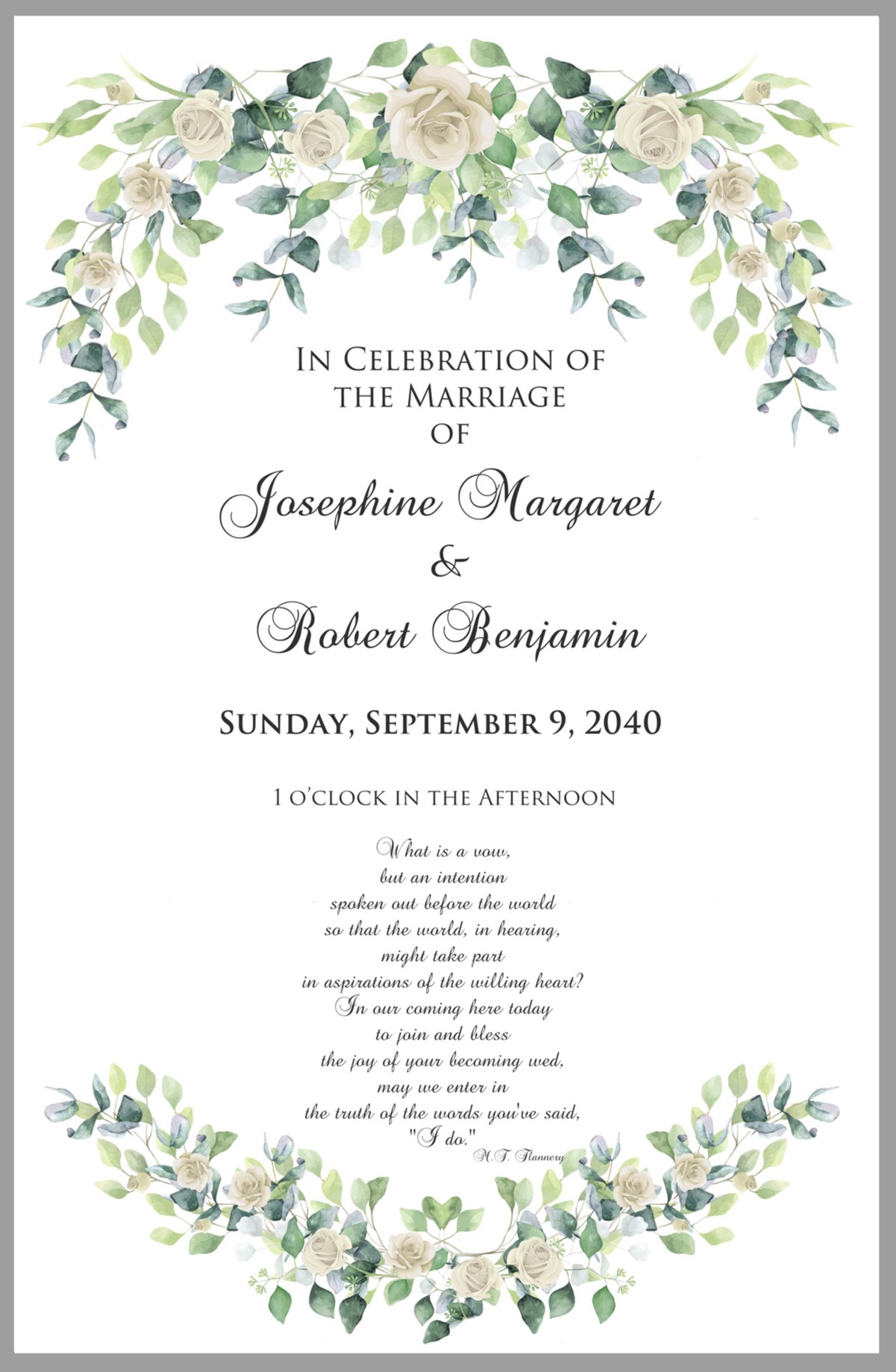Cascading White Roses Greenery Custom Wedding Booklets- Mass Booklets